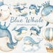 Blue Whale Nursery Watercolor Clipart - 24 PNG Cute Marine Decor Clip ...