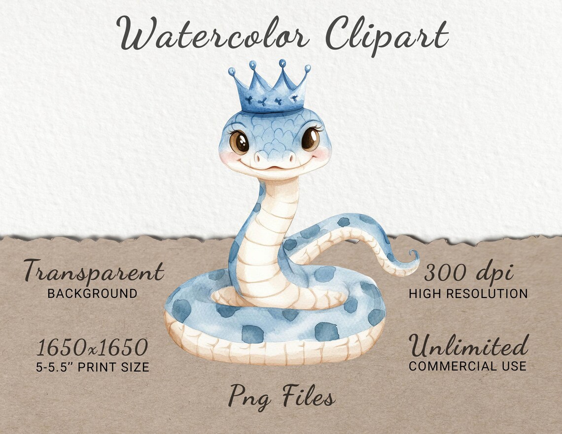 Blue Snake Nursery Watercolor Clipart - 24 PNG Cute Snake, Animals ...