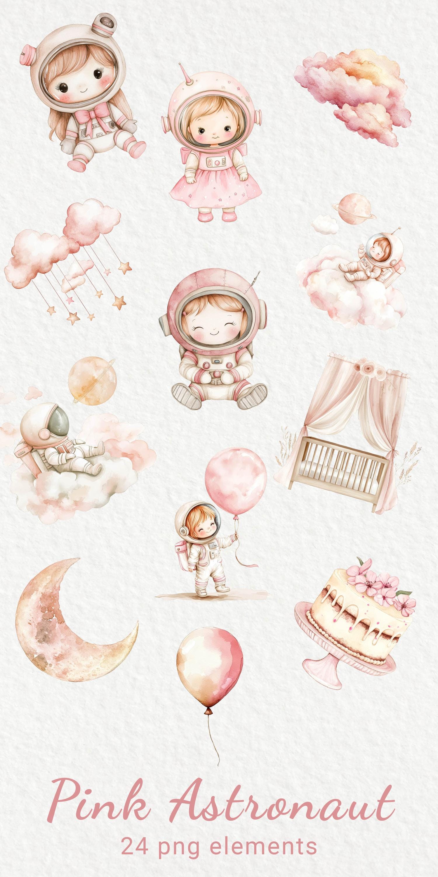 Pink Astronaut Watercolor Clipart - 24 PNG Space Decor, Rose Nursery ...