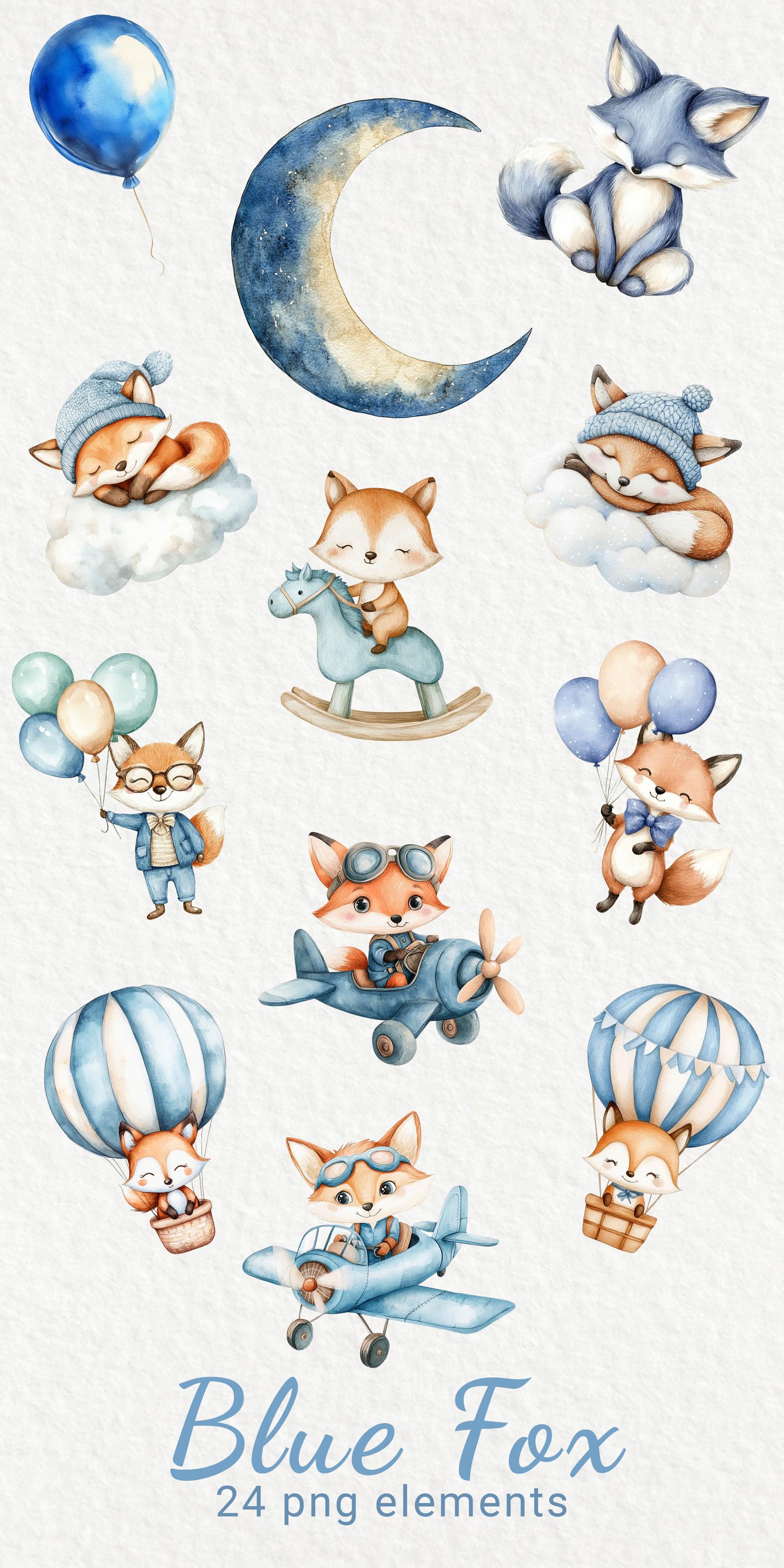 Blue Fox Watercolor Clipart - 24 PNG Cute Fairy Woodland Animal Decor ...