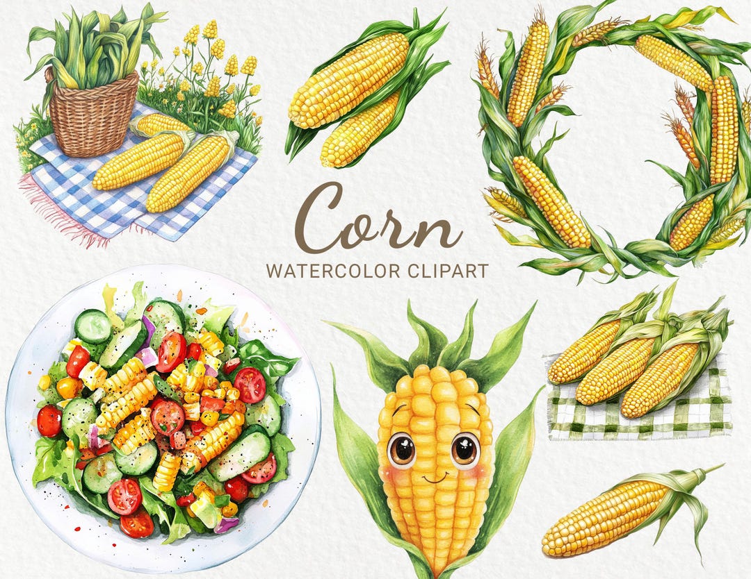 Corn Watercolor Clipart - 24 PNG Funny Corn Illustration, Cool Chibi ...