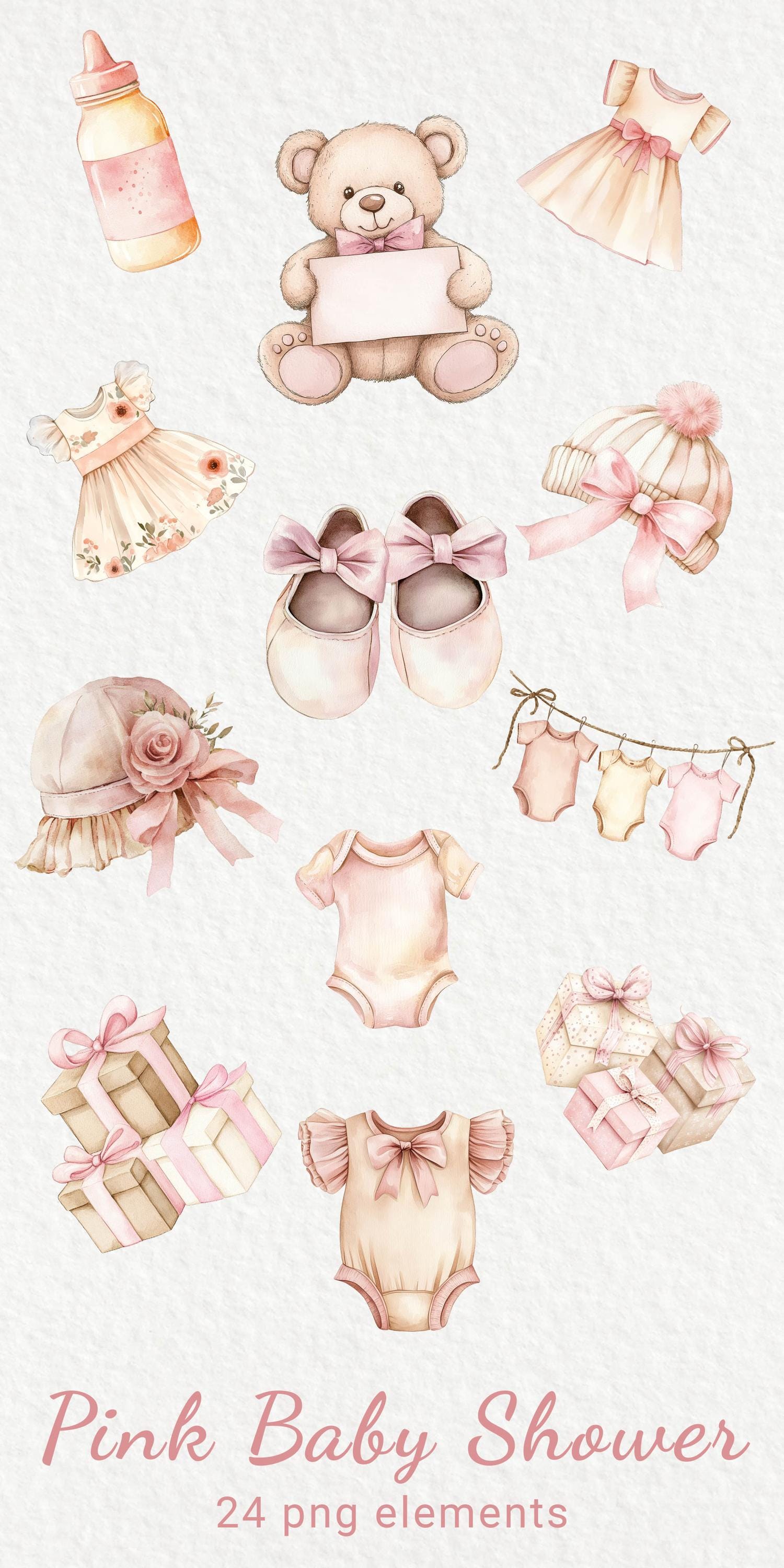 Pink Baby Shower Watercolor Clipart - 24 PNG Cute Baby Room Decor, Baby ...