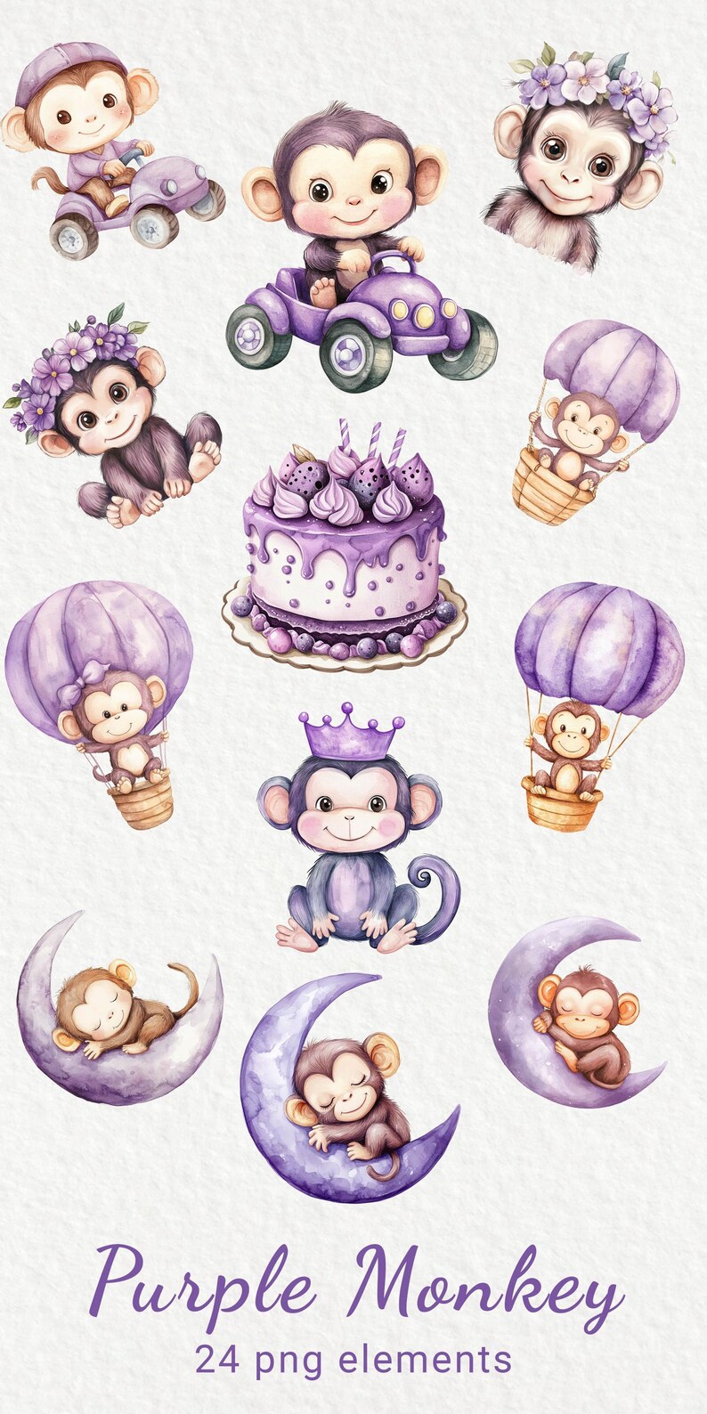 Purple Monkey Watercolor Clipart - 24 PNG Cute Safari Ape, Violet ...