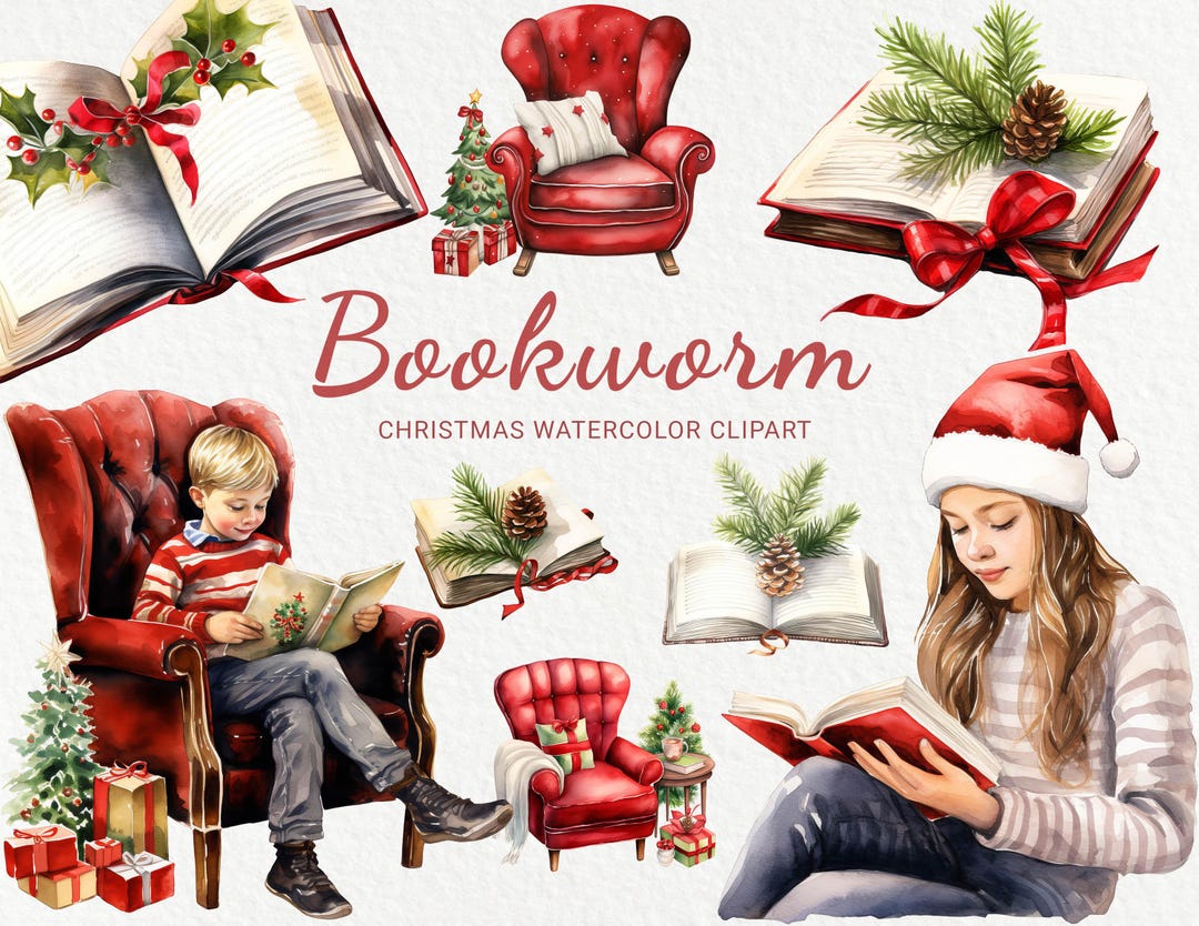 Christmas Bookworm Watercolor Clipart - 24 PNG Xmas Book Images, Winter ...