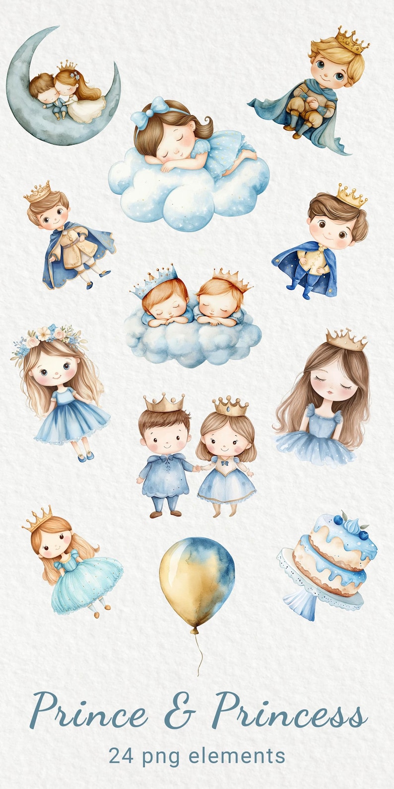 Blue Princess & Prince Watercolor Clipart - 24 PNG Little Queen Room ...