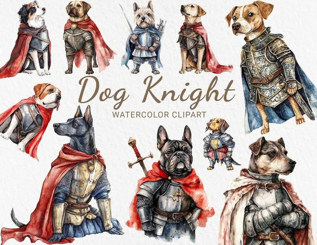 Dog Knight Clipart - 24 PNG Watercolor Puppy in Vintage Armor, Cute ...