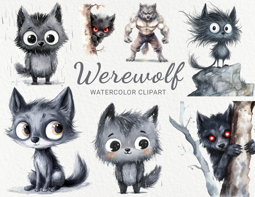 Cartoon Werewolf Watercolor Clipart - 24 PNG Nursery Fairy & Funny ...