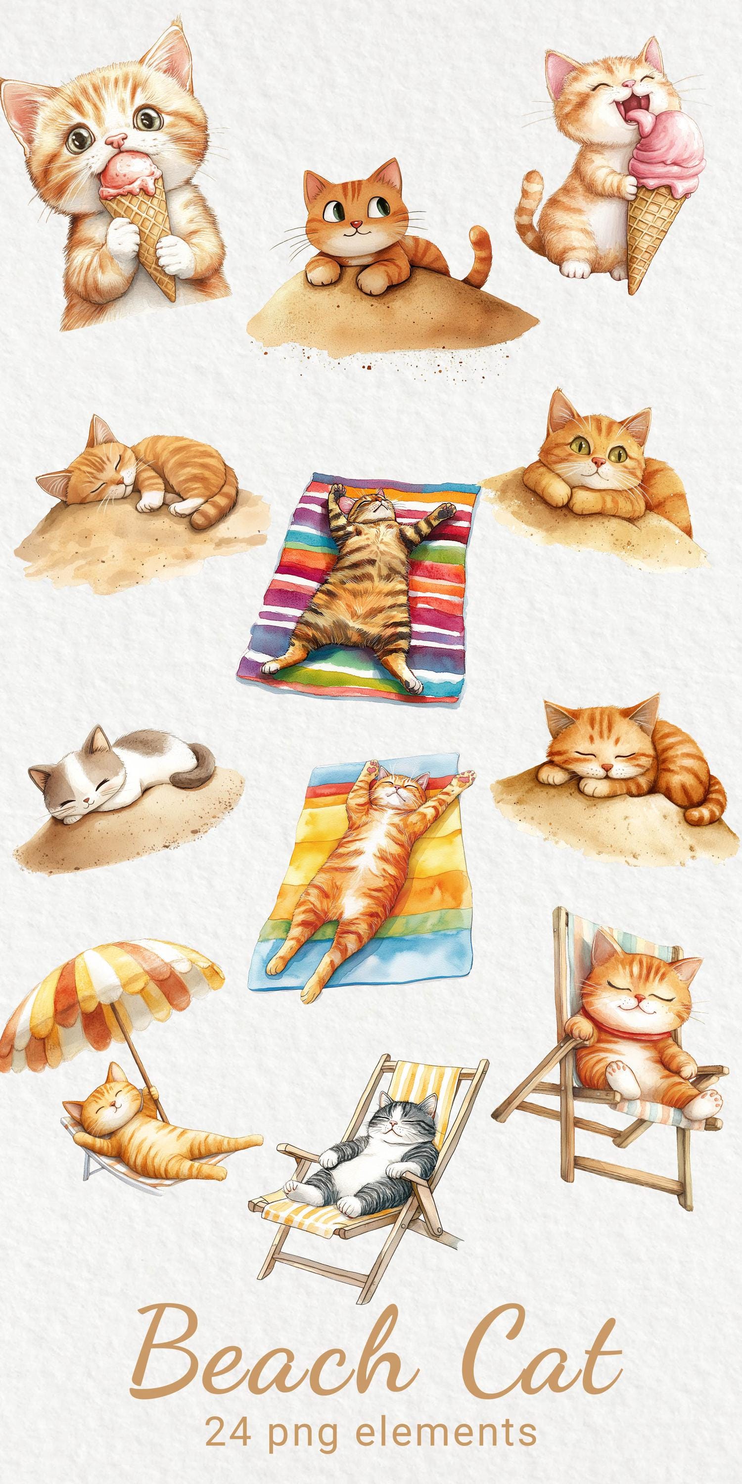 Cat on the Beach Watercolor Clipart - 24 PNG Cute Summer Cat, Room ...