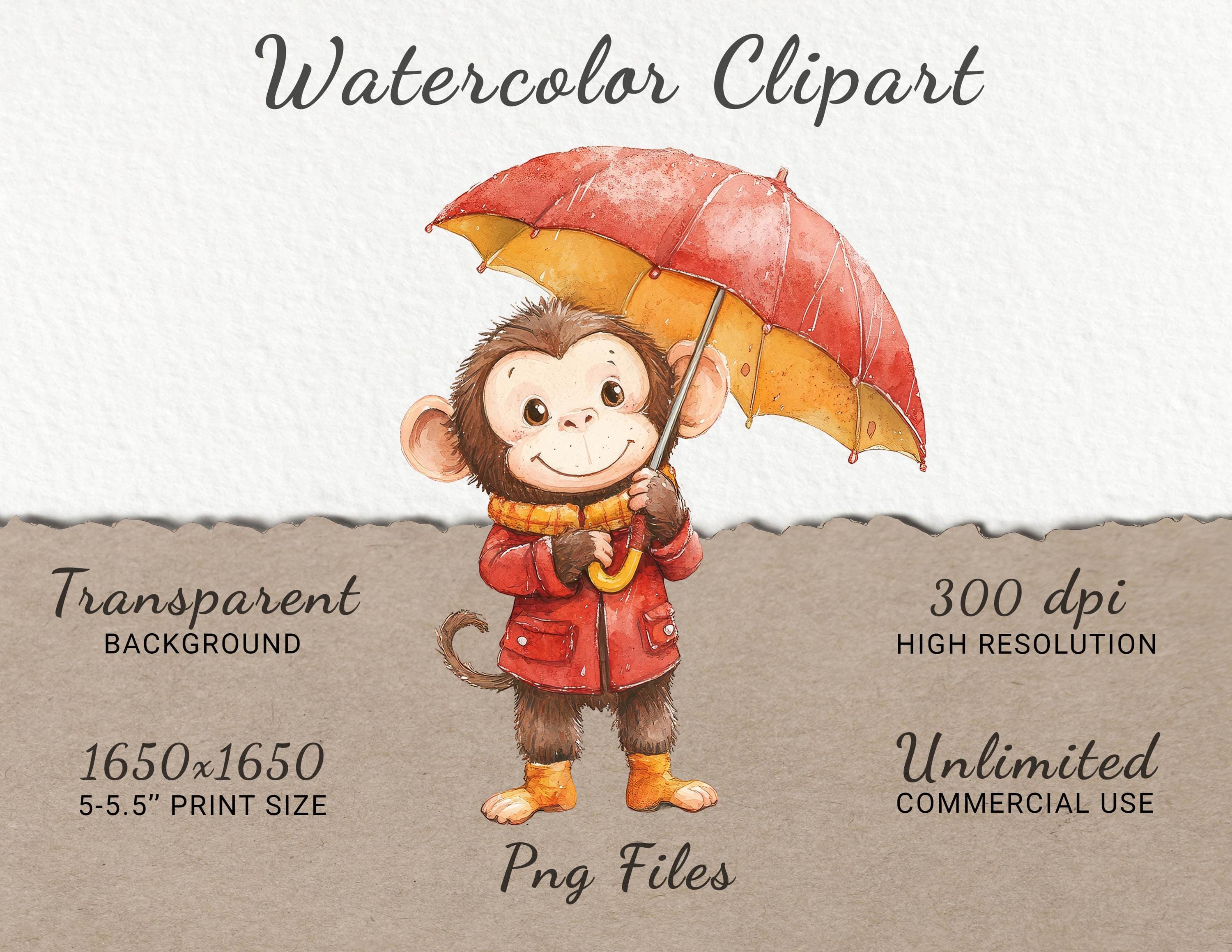Monkey Watercolor Clipart - 24 PNG Safari Animal Clip Art, Digital ...