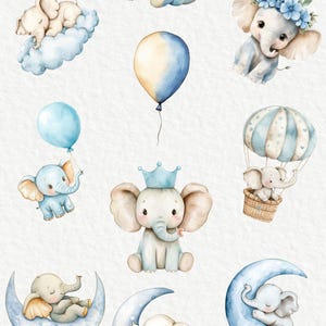 Blue Elephant Nursery Watercolor Clipart - 24 PNG Safari Animals Kids ...