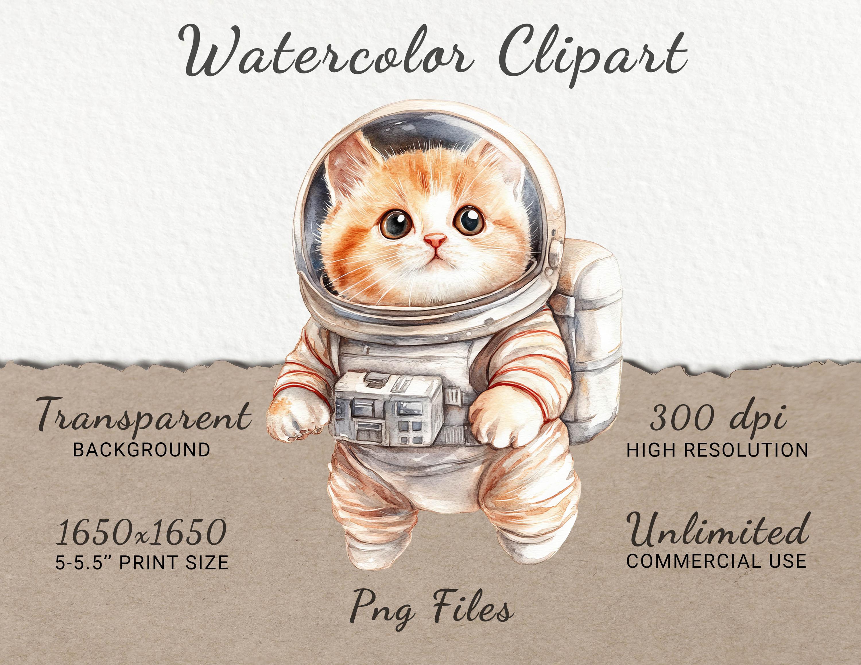 Astronaut Cat Watercolor Clipart - 24 PNG Cute Cat in Space, Nursery ...