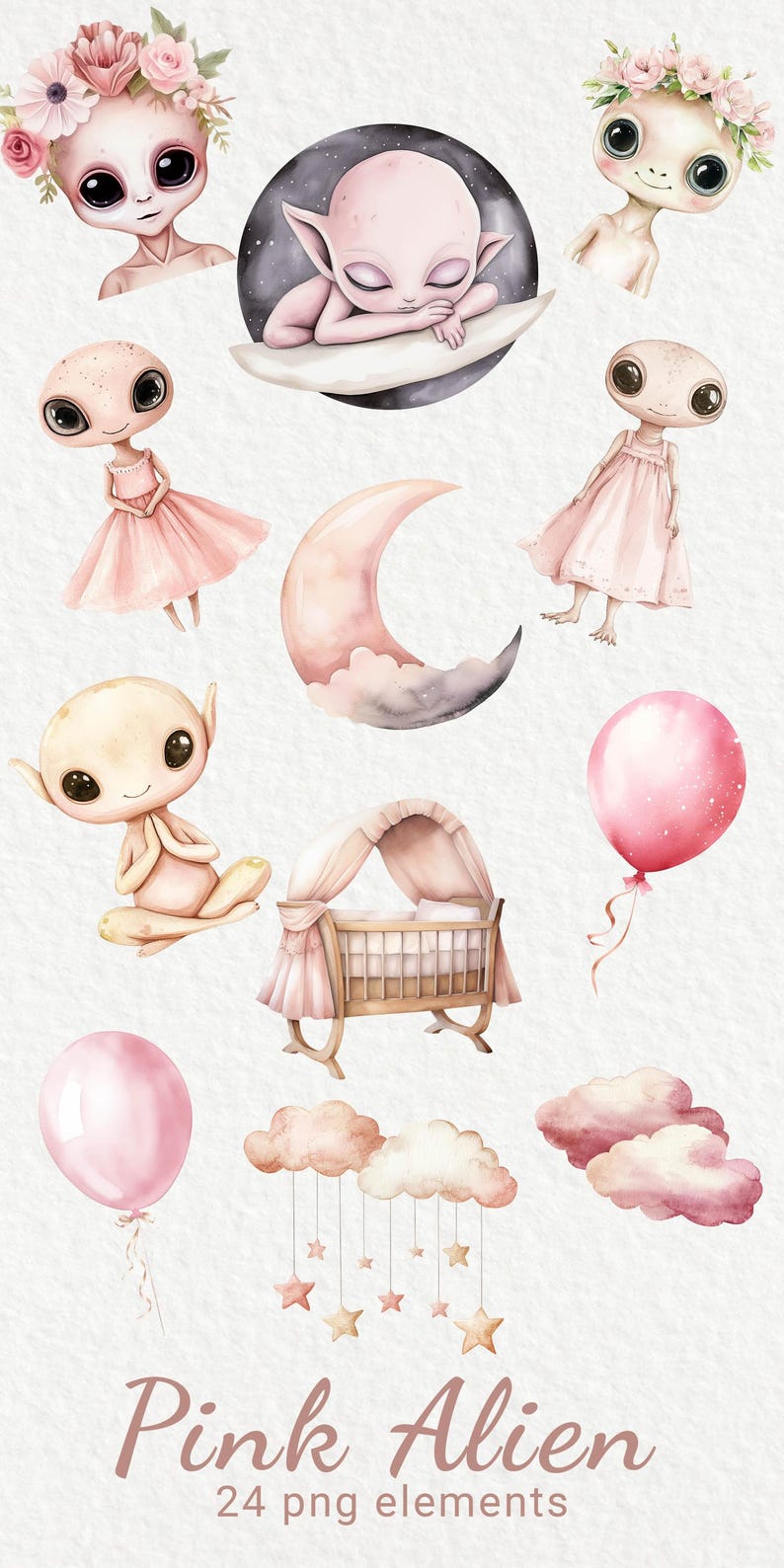 Pink Alien Nursery Watercolor Clipart - 24 PNG Cute Alien, Space Decor ...