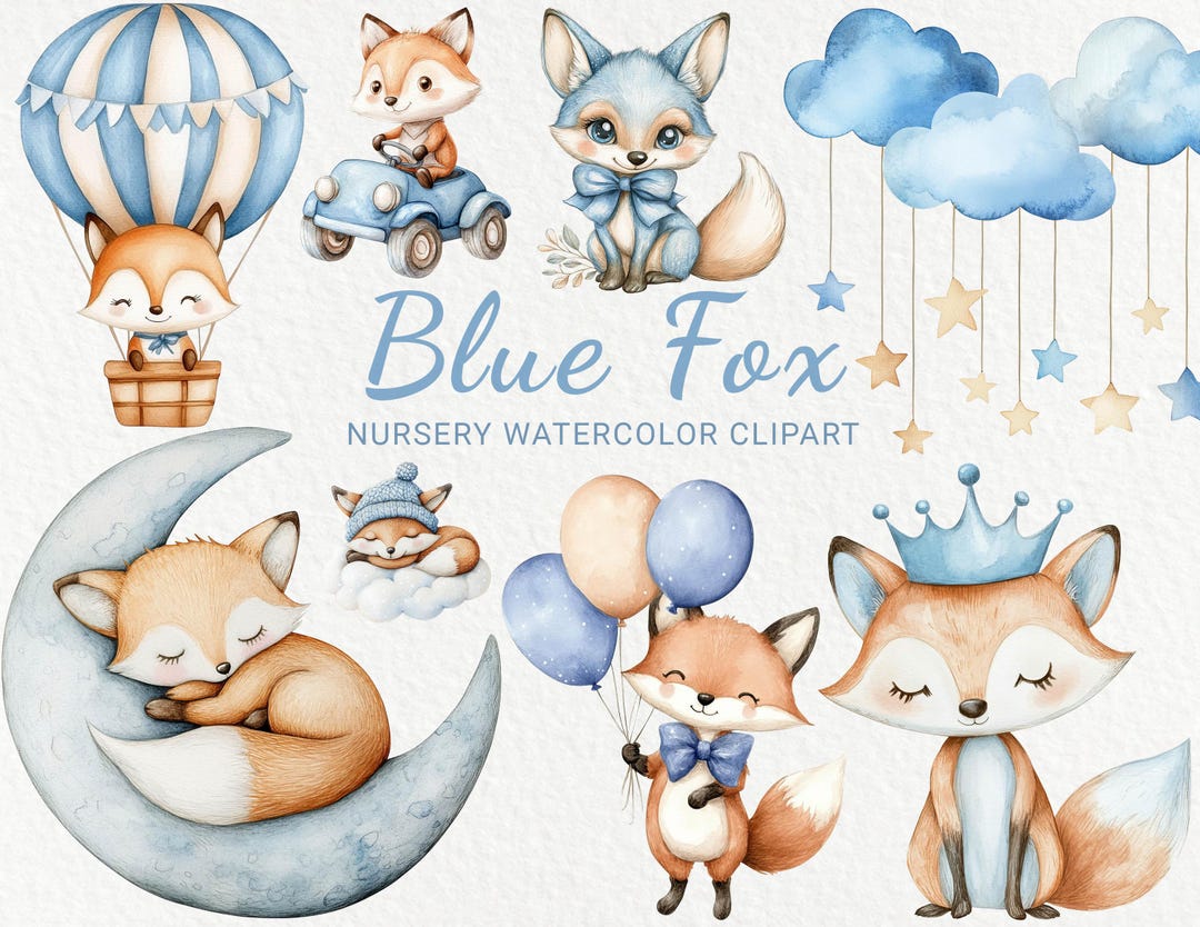 Blue Fox Watercolor Clipart - 24 PNG Cute Fairy Woodland Animal Decor ...