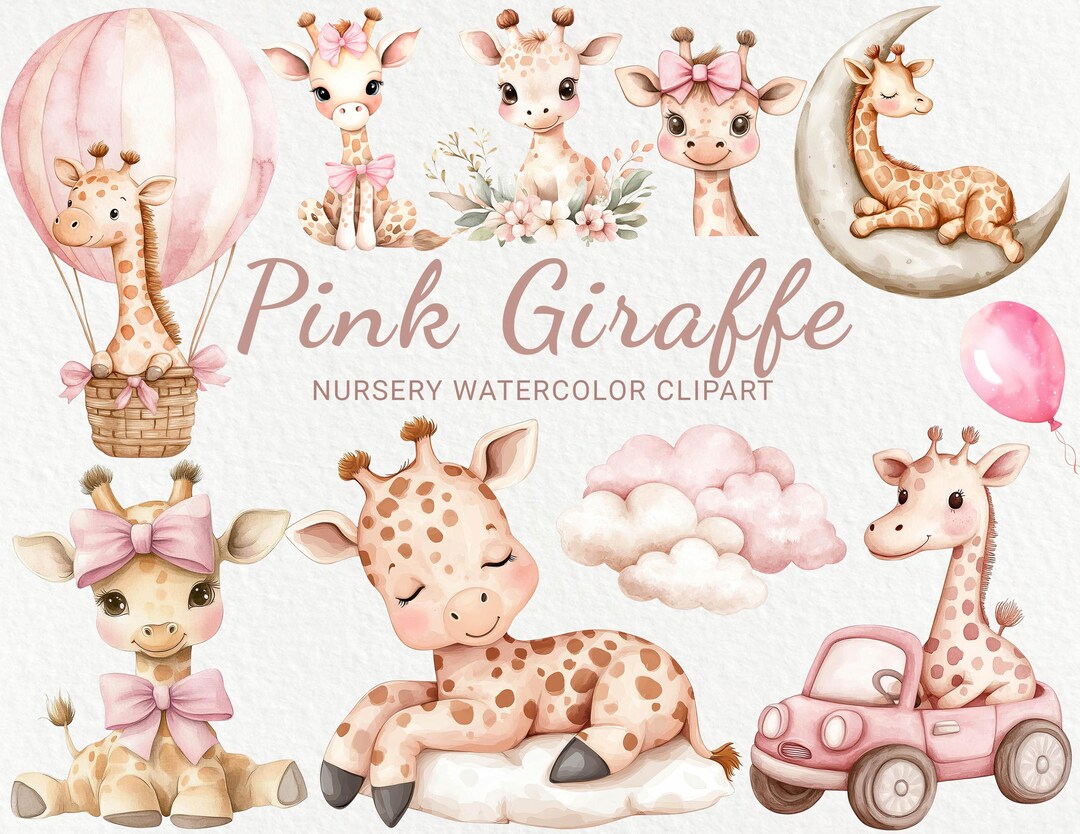 Pink Giraffe Nursery Watercolor Clipart - 24 PNG Cute Fairy Safari ...