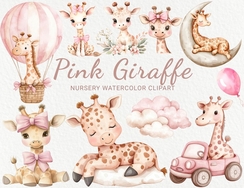 Pink Giraffe Nursery Watercolor Clipart 24 PNG Cute Fairy Safari ...