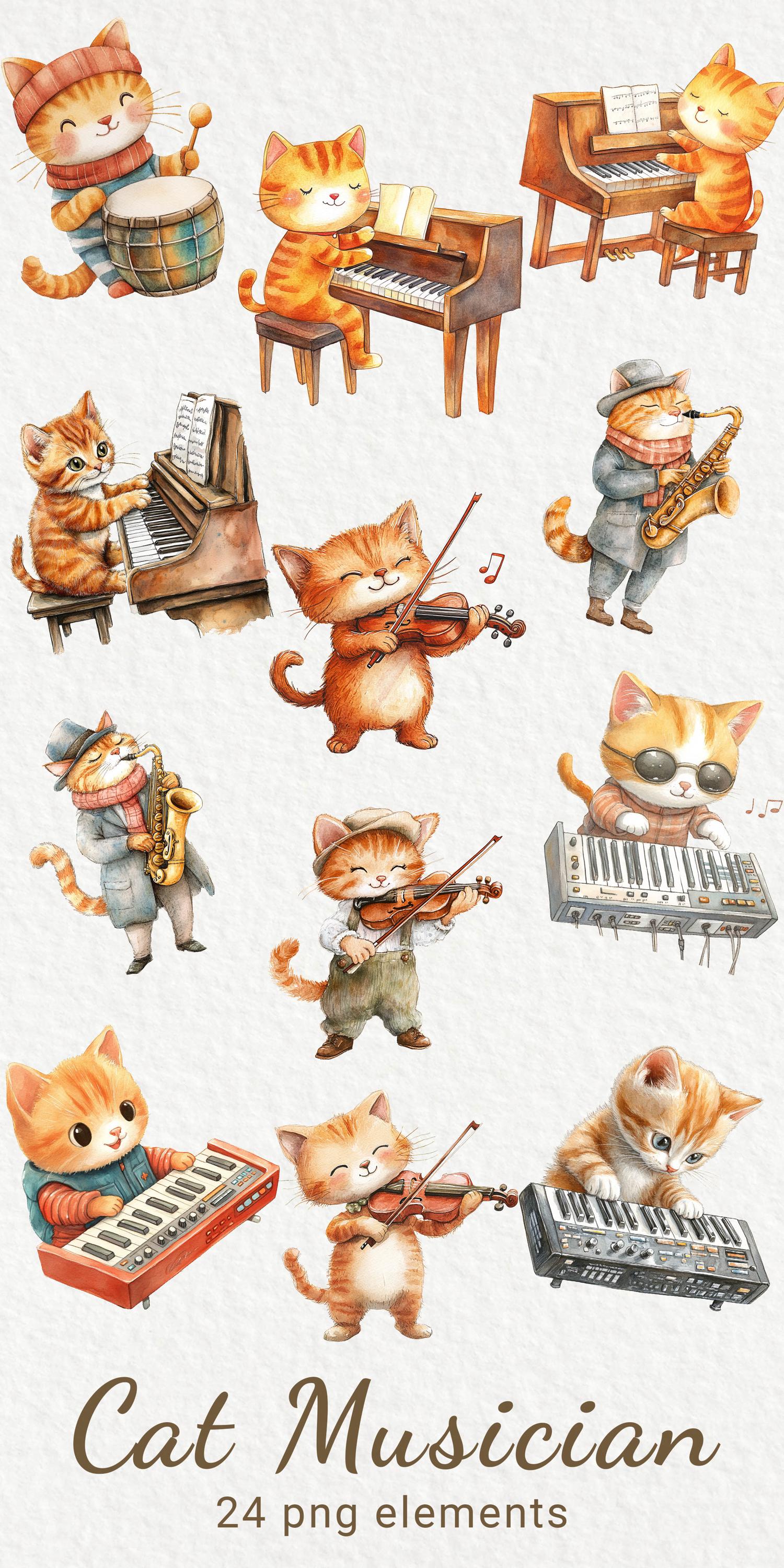 Cat Musician Watercolor Clipart - 24 PNG Cat Play Different Musical ...