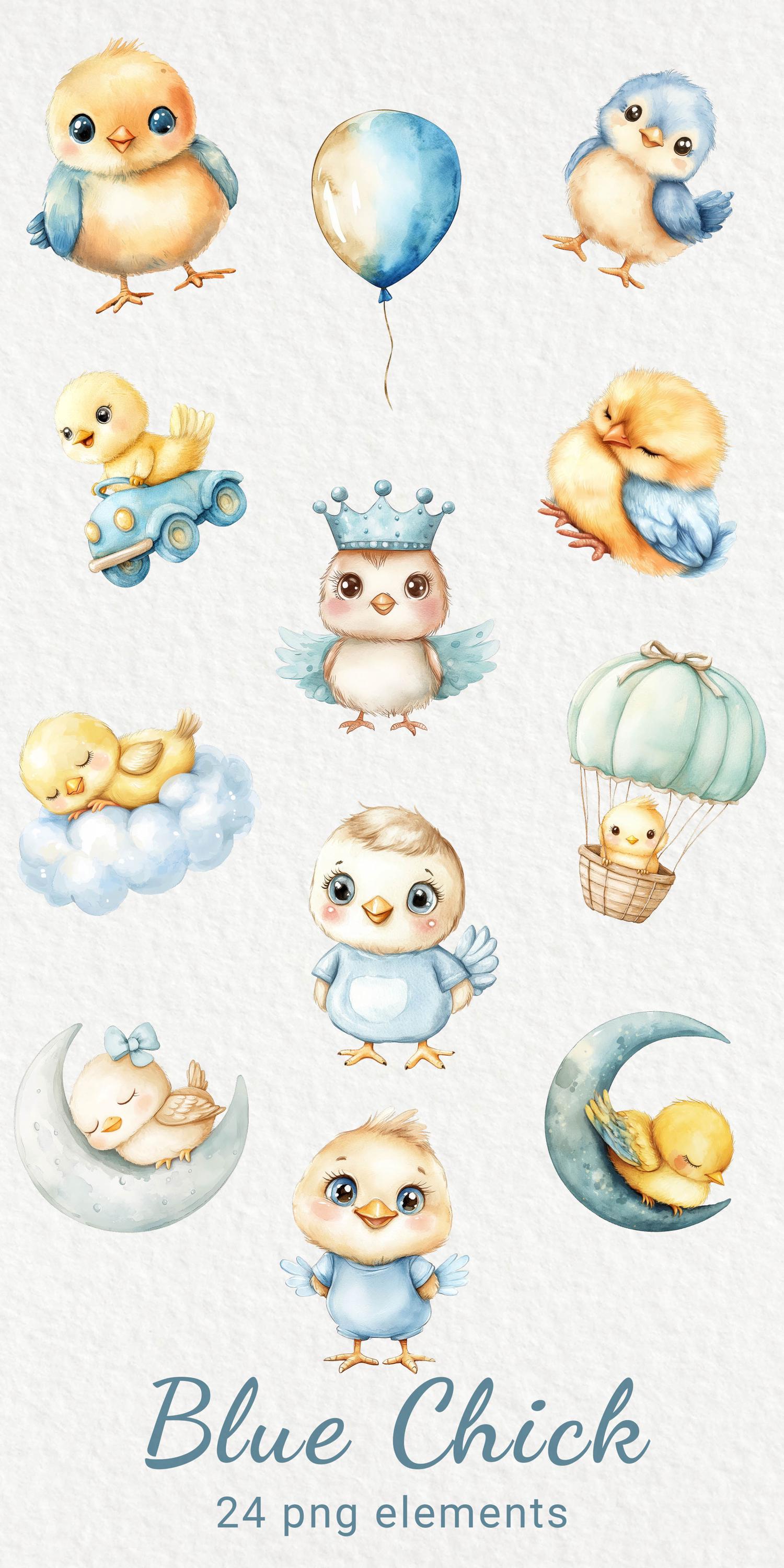 Blue Chick Watercolor Clipart - 24 PNG Cute Fairy Birds Decor, Baby ...