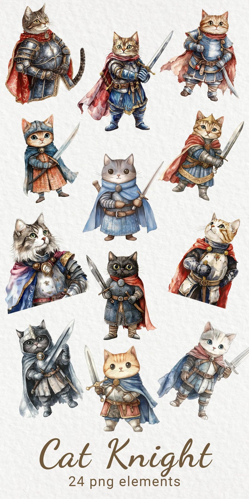 Cat Knight Clipart - 24 PNG Watercolor Cats in Vintage Armor, Cute Cats ...