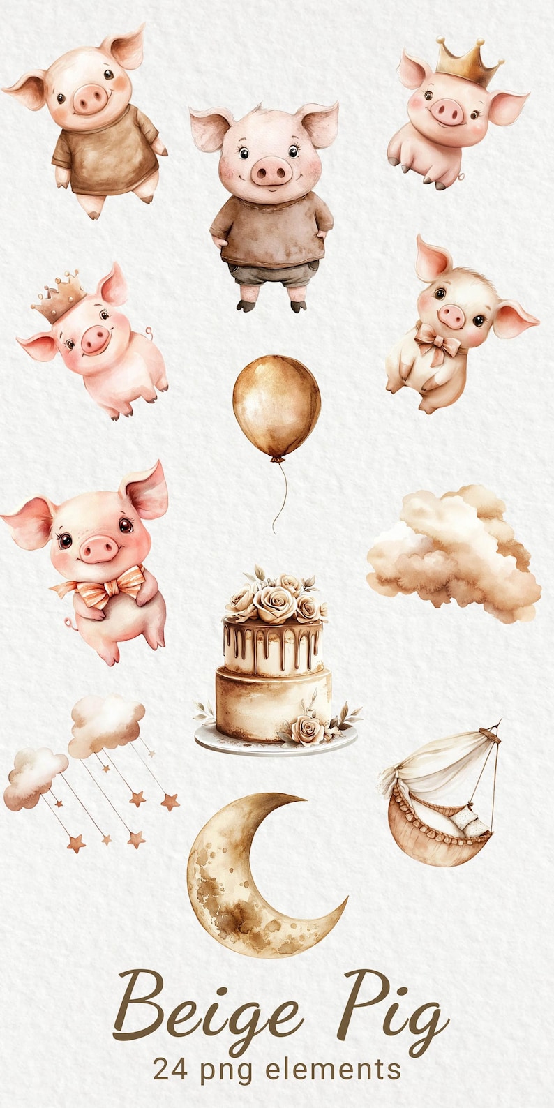 Pig Nursery Watercolor Clipart - 24 PNG Cute Hog in Beige & Brown ...