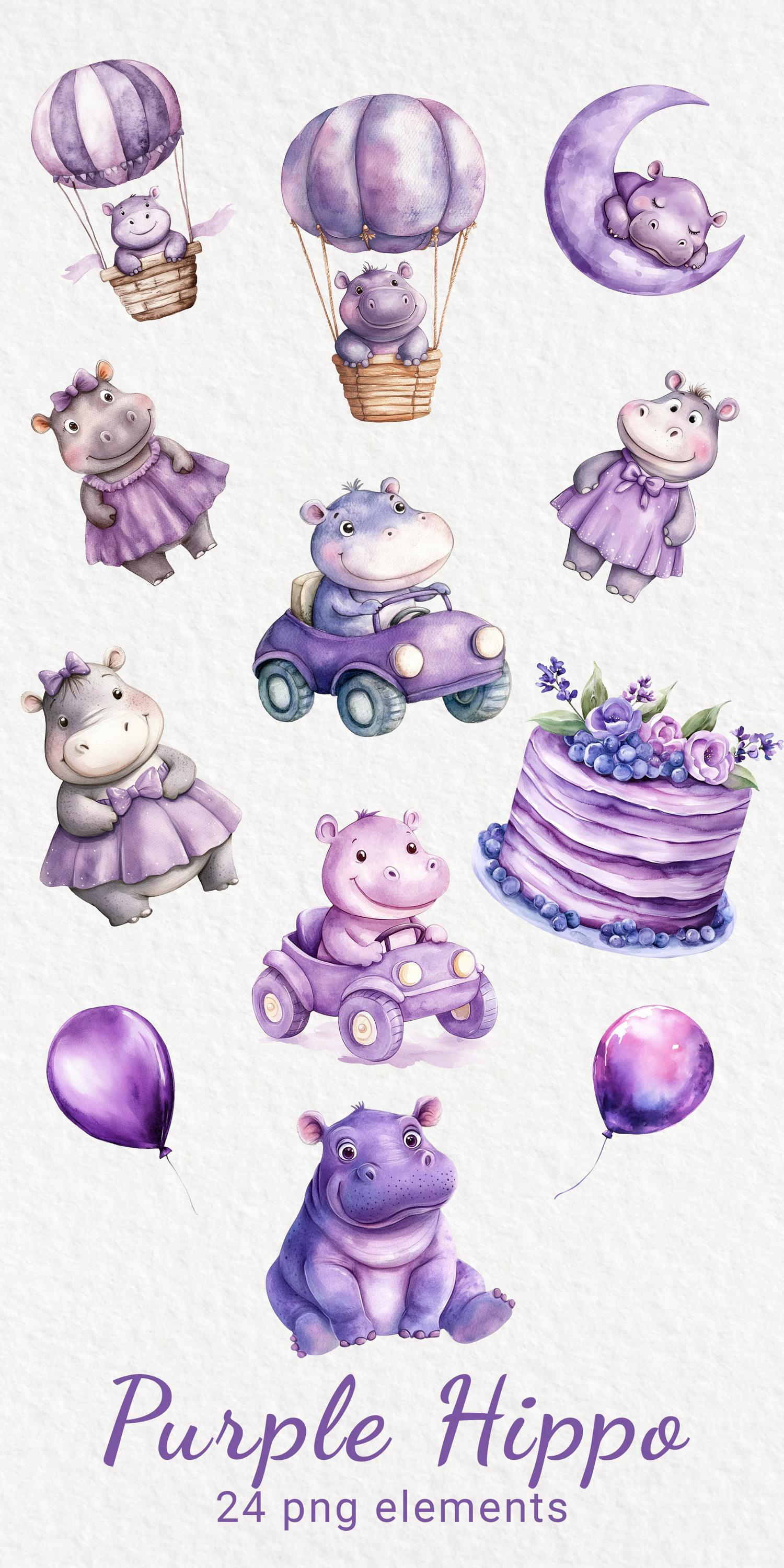 Purple Hippo Watercolor Clipart - 24 PNG Cute Safari Hippopotamus ...