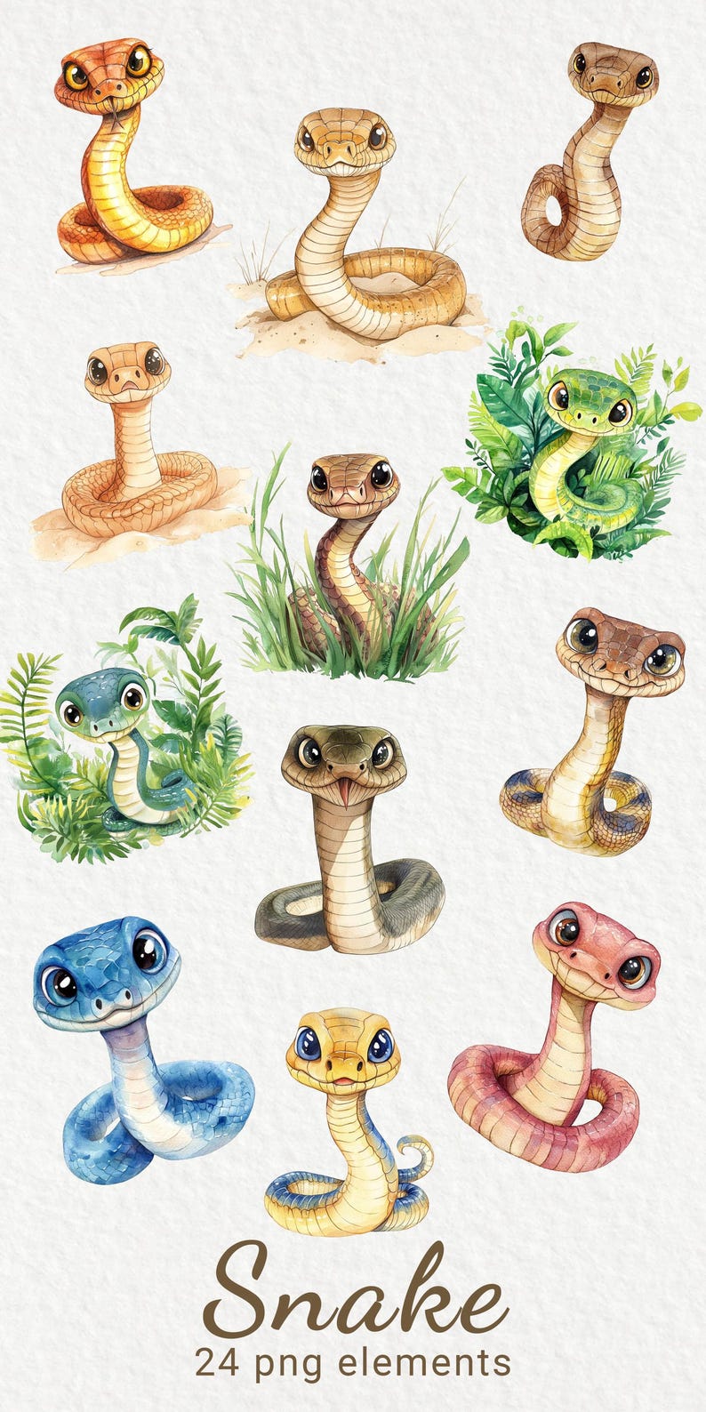 Colorful Snake Clipart - 24 PNG Cute Nursery Watercolor Decor, Baby ...