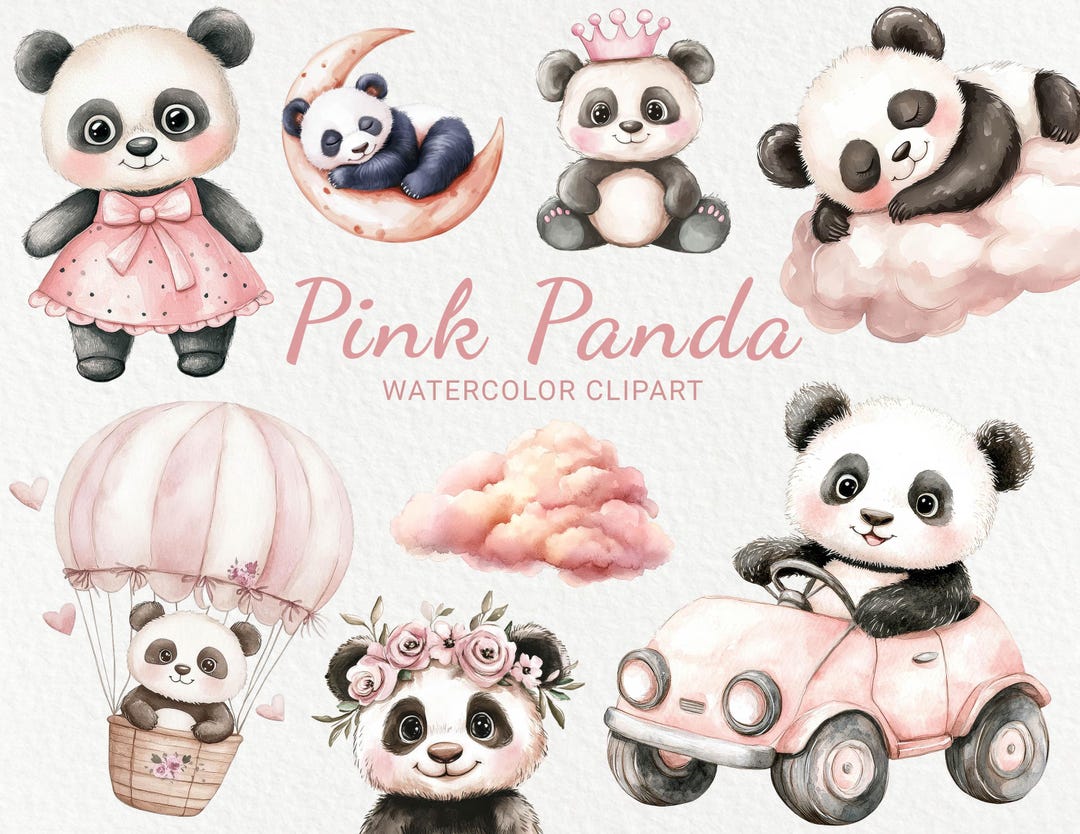 Pink Panda Nursery Watercolor Clipart - 24 PNG Cute Panda Bear, Animals ...
