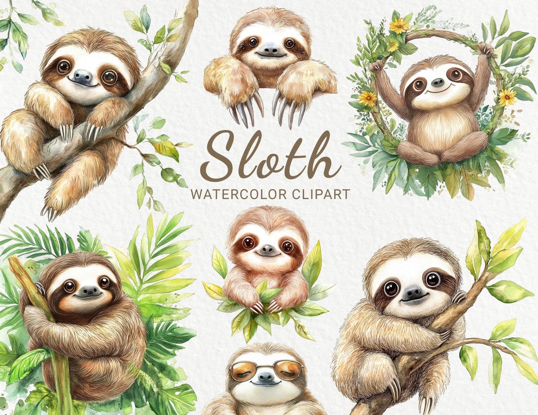 Sloth Clipart - 24 PNG Watercolor Baby Sloth Clip Art, Funny Tropics ...