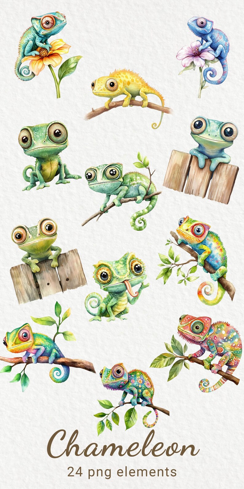 Chameleon Nursery Watercolor Clipart - 24 PNG Cute Lizard, Animals Decor Room, Baby Shower, Baby ...