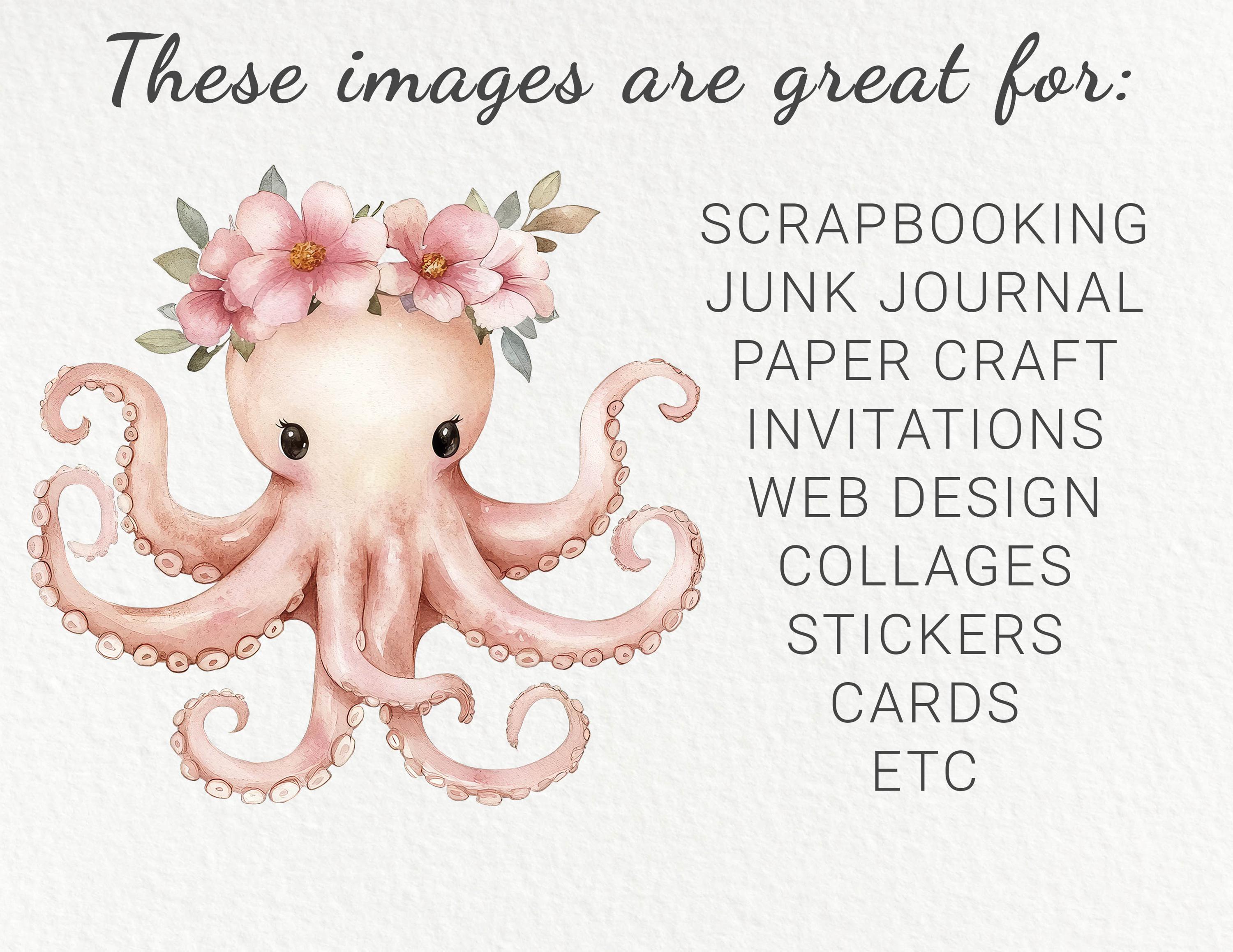 Pink Octopus Nursery Watercolor Clipart - 24 PNG Cute Marine Decor Clip ...