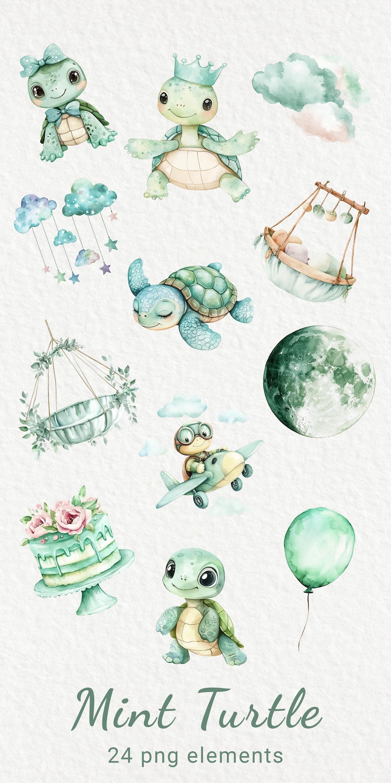 Green Turtle Nursery Watercolor Clipart - 24 PNG Cute Turtle in Mint ...