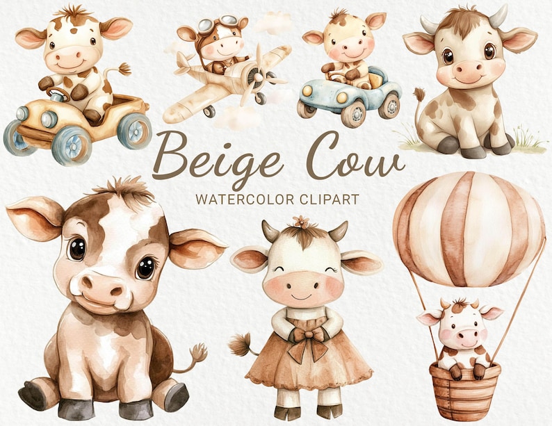 Cow Nursery Watercolor Clipart - 24 PNG Cute Cow in Beige & Brown ...