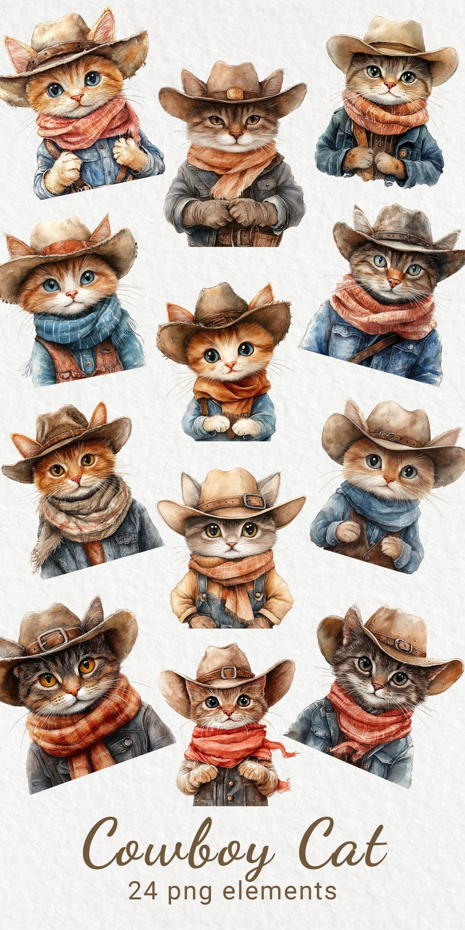 Cowboy Cat Clipart - 24 PNG Watercolor Kitten in Cowboy Hat Clip Art ...