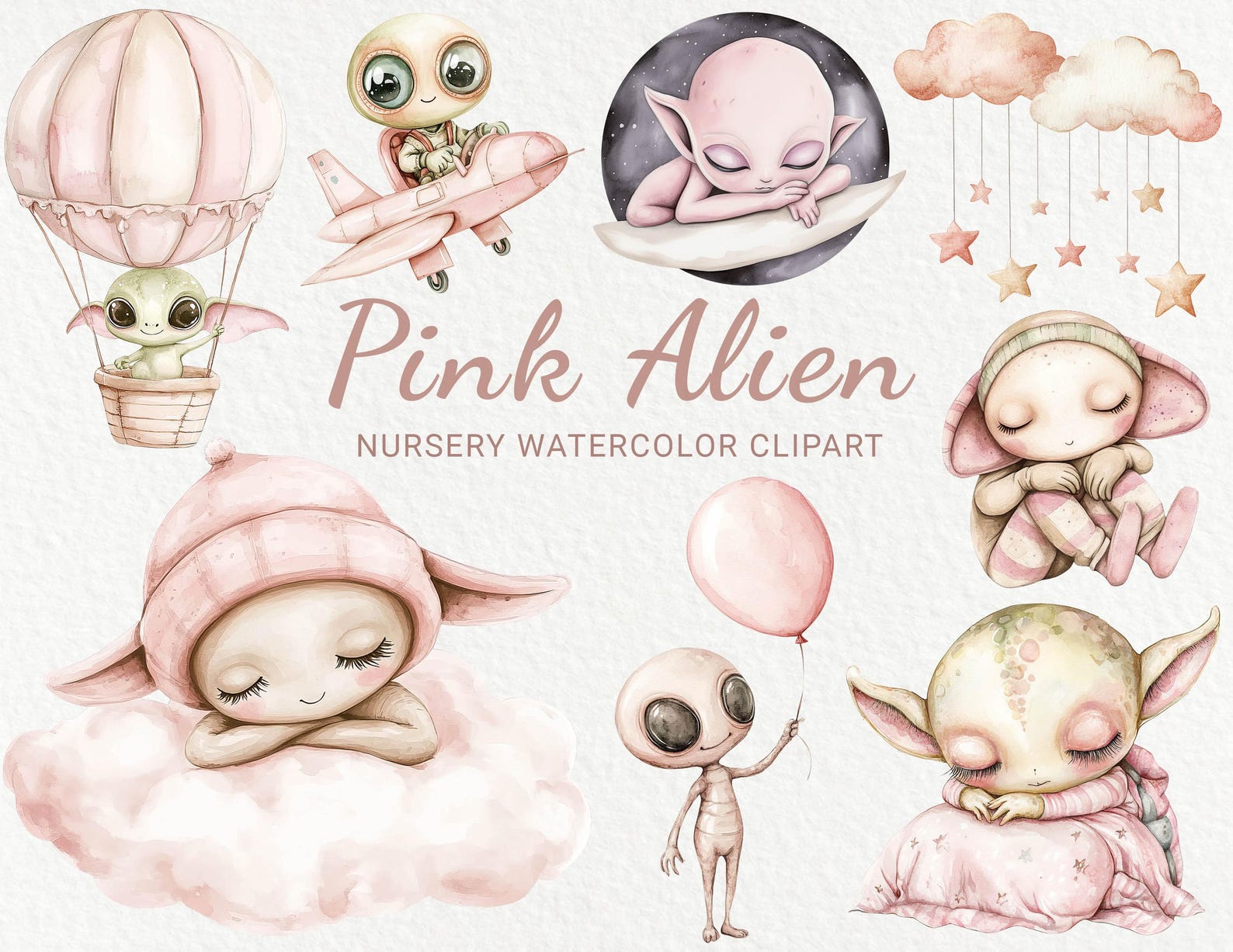 Pink Alien Nursery Watercolor Clipart - 24 PNG Cute Alien, Space Decor ...