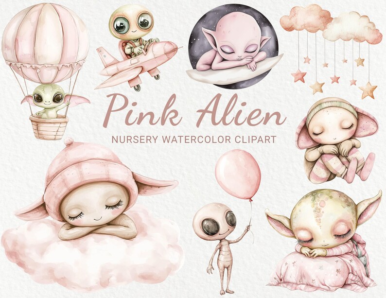 Pink Alien Nursery Watercolor Clipart - 24 PNG Cute Alien, Space Decor ...