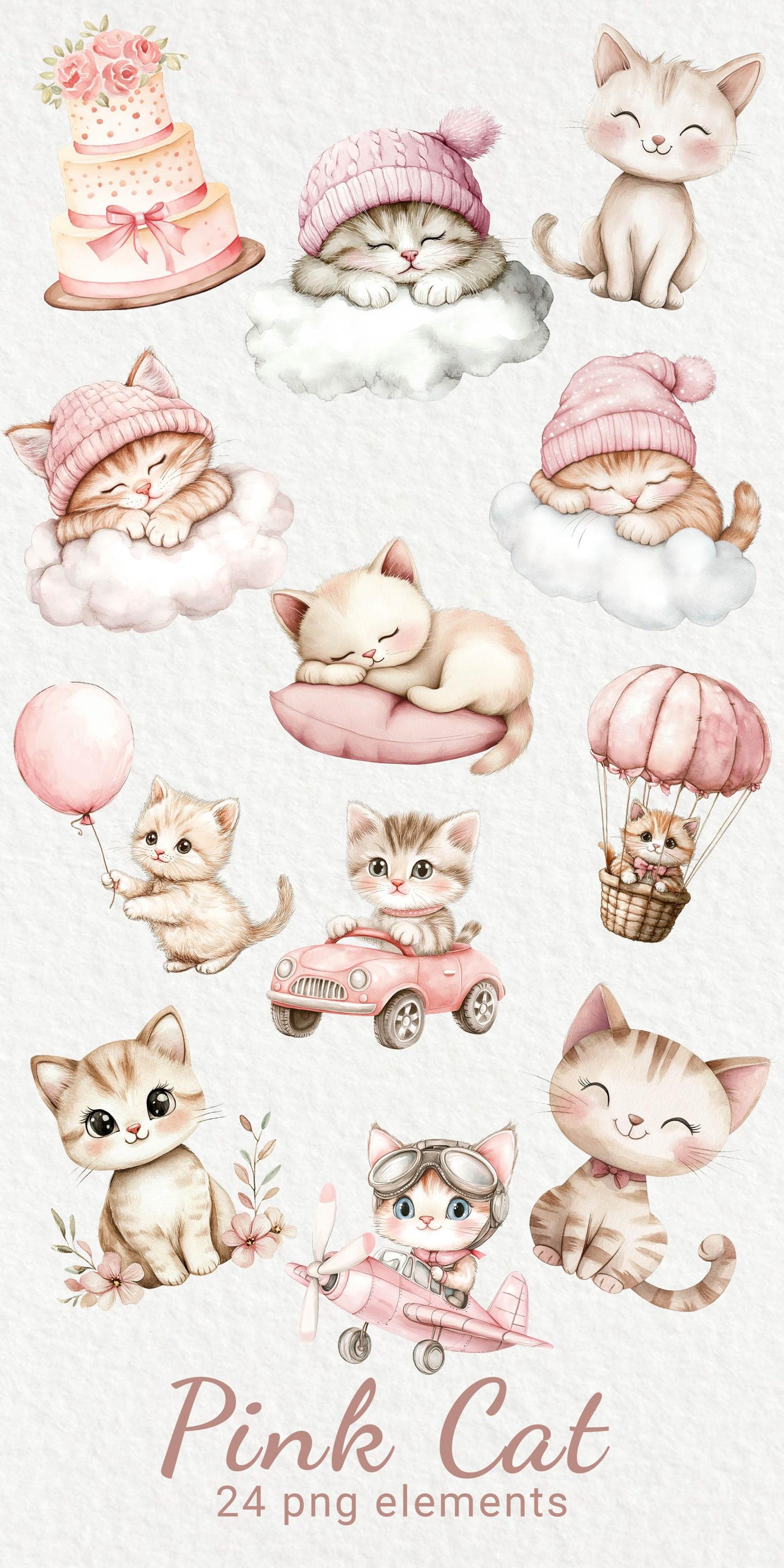 Pink Cat Nursery Watercolor Clipart - 24 PNG Cute Fairy Animals Decor ...