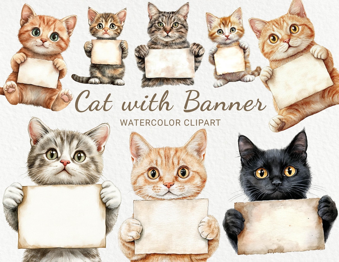 Cats With a Blank Sign Clipart - 24 PNG Watercolor Cat Clipart, Write ...