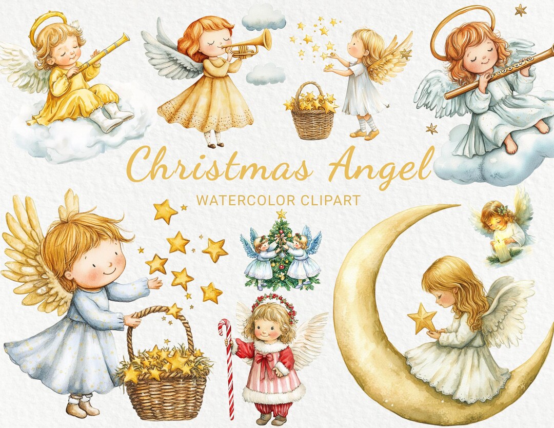 Christmas Angel Clipart - 24 PNG Watercolor Xmas Decor Images, Cute ...