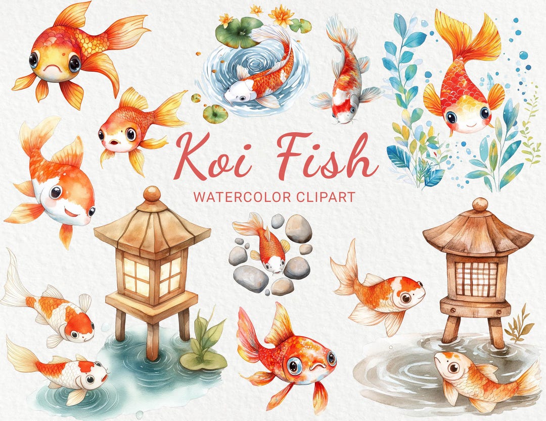 Koi Fish Clipart - 24 PNG Cute Watercolor Koi Fish Clip Art, Digital ...
