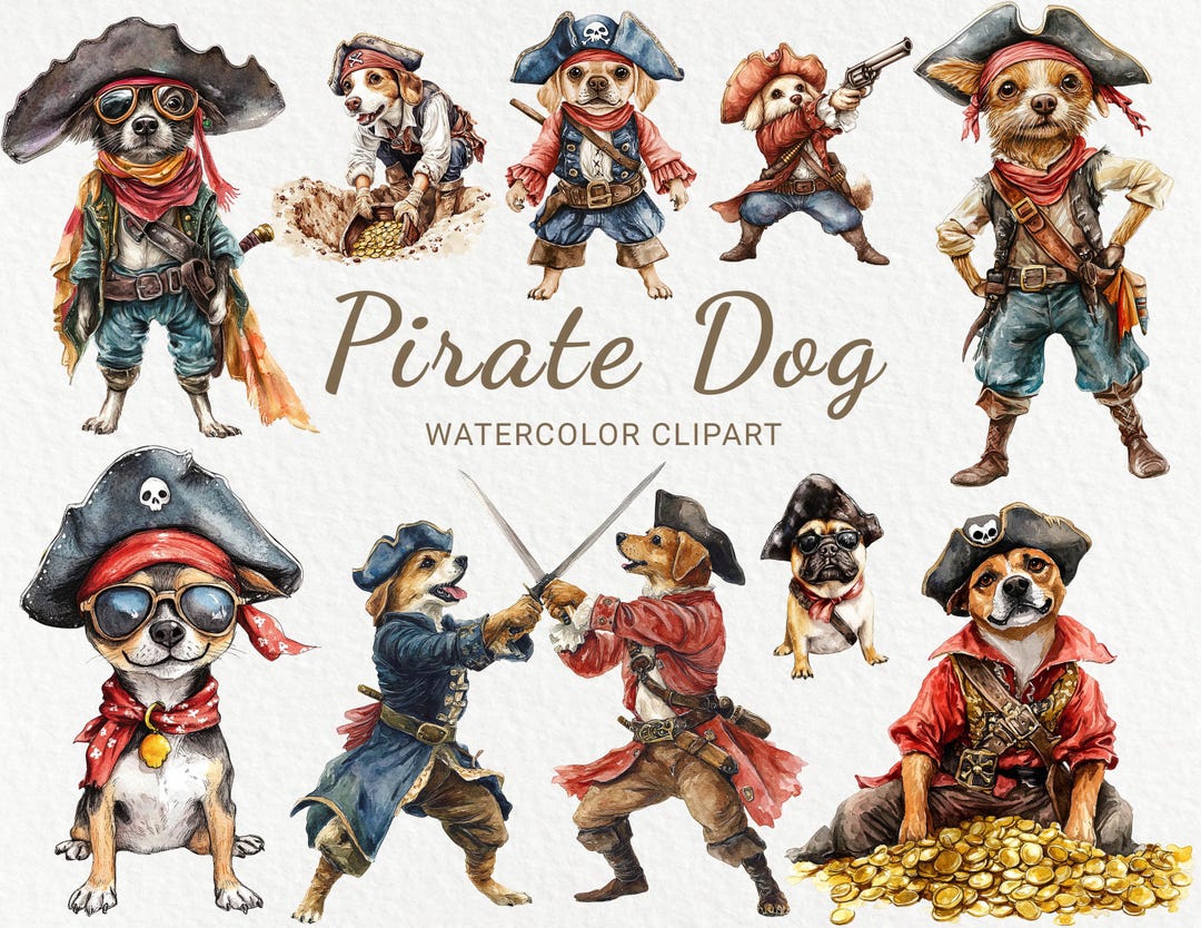 Watercolor Pirate Dog Clipart – 24 PNG Nursery Animal Graphics (digital ...