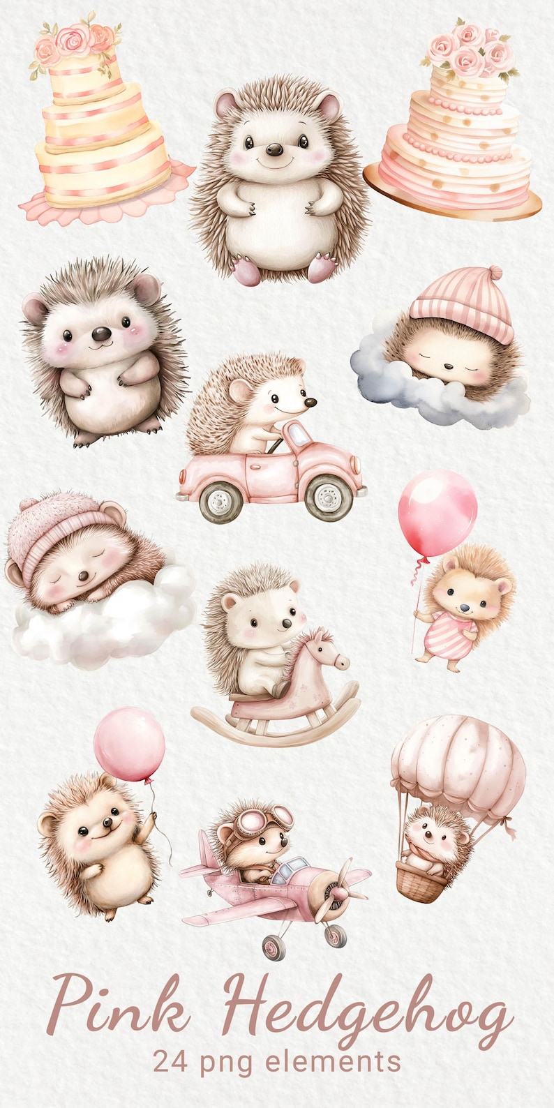 Pink Hedgehog Nursery Watercolor Clipart - 24 PNG Cute Fairy Woodland ...