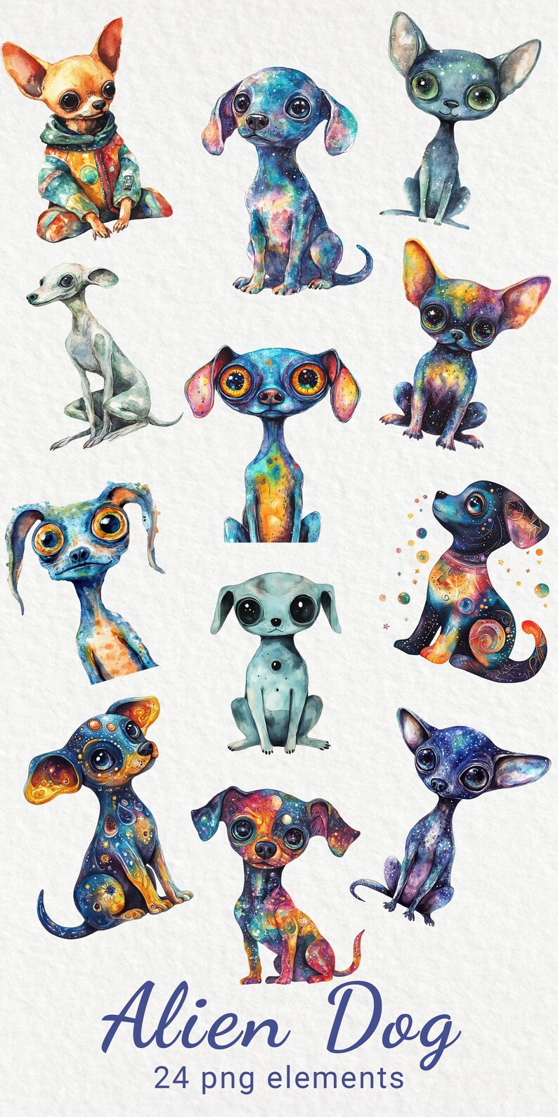Alien Dog Clipart - 24 PNG Watercolor Whimsical Puppy, Fantastic Dog ...