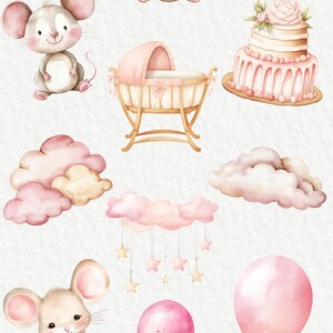 Pink Mouse Nursery Watercolor Clipart - 24 PNG Cute Fairy Animals Decor ...
