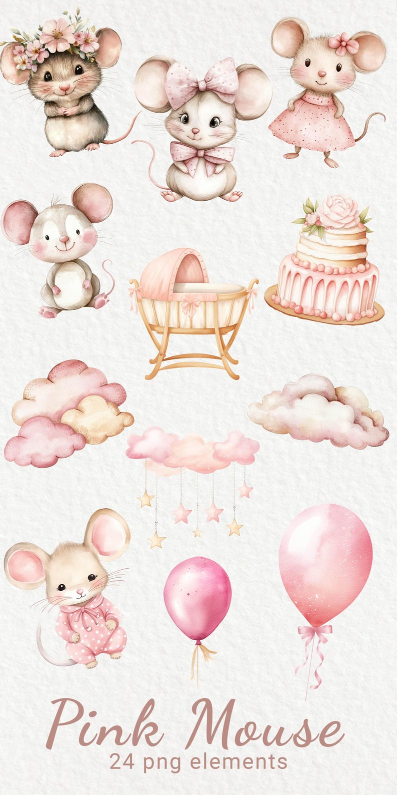 Pink Mouse Nursery Watercolor Clipart - 24 PNG Cute Fairy Animals Decor ...