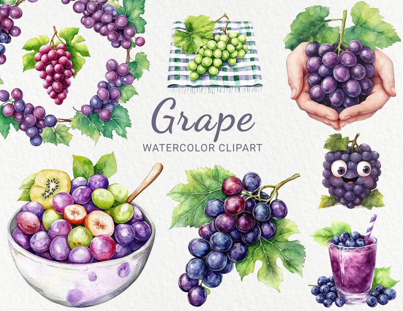 Grape Watercolor Clipart - 24 PNG Funny Grape Illustration, Cartoon ...