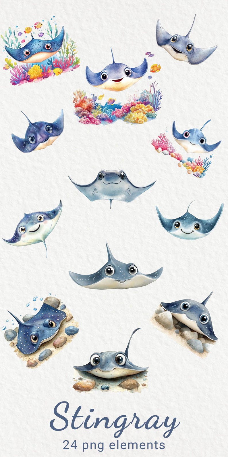Watercolor Stingray Clipart – Cute Marine PNG Graphics (digital ...