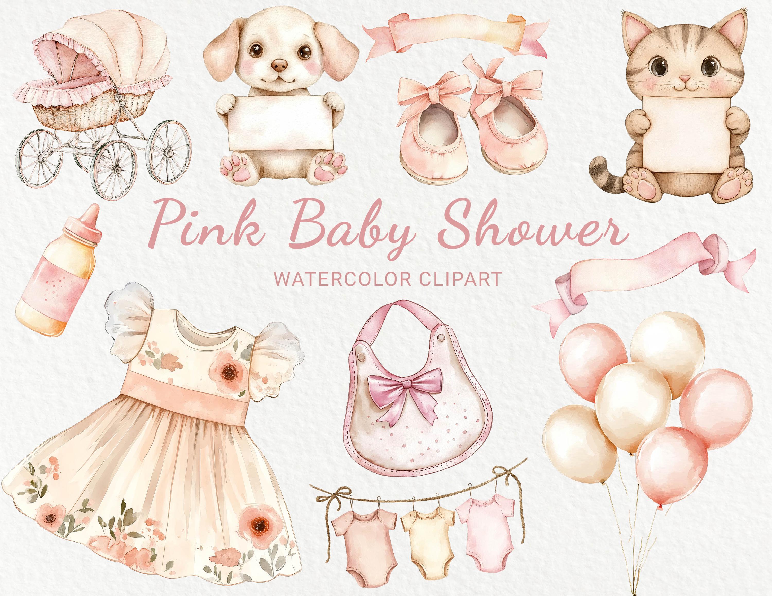 Pink Baby Shower Watercolor Clipart - 24 PNG Cute Baby Room Decor, Baby ...