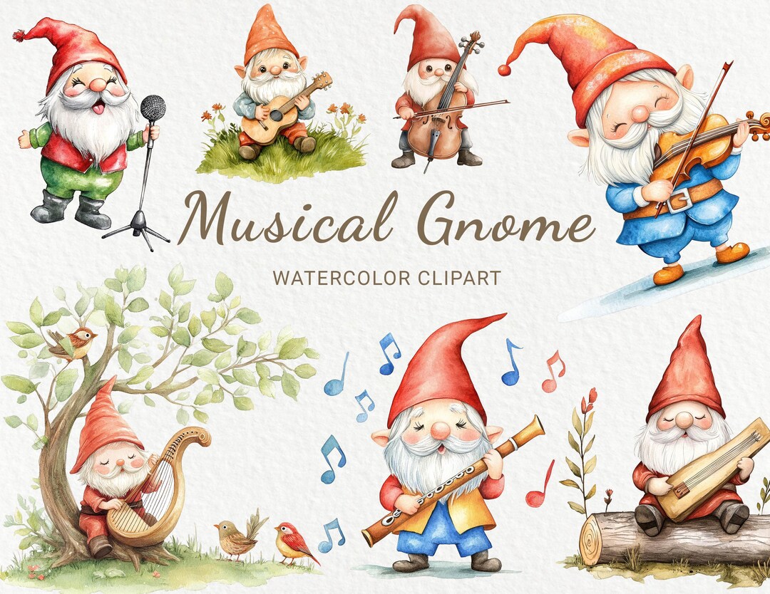 Musical Gnome Clipart - 24 PNG Watercolor Music Lover Images, Printable ...