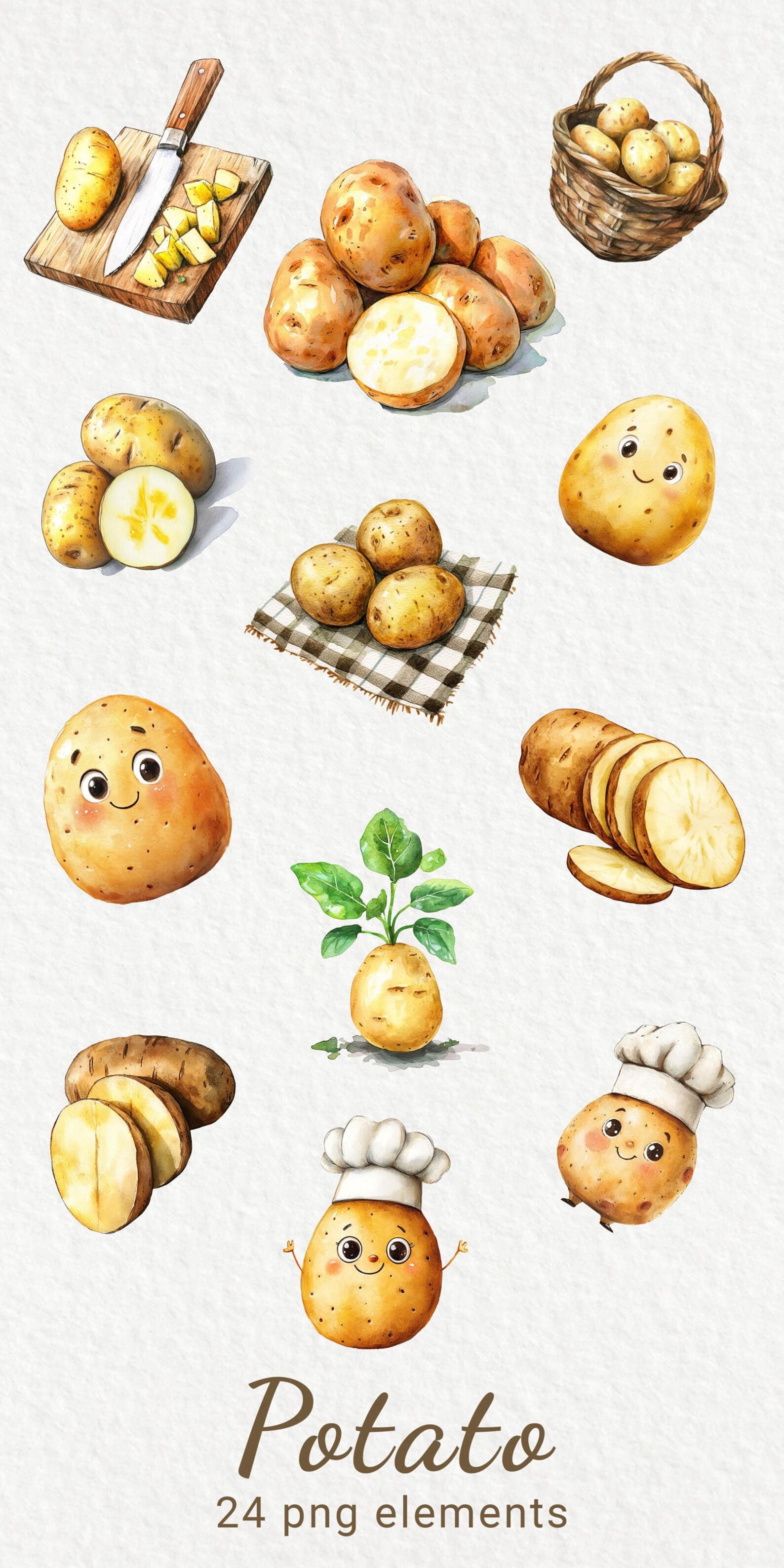 Potato Watercolor Clipart - 24 PNG Funny Potato Illustration, Cool ...