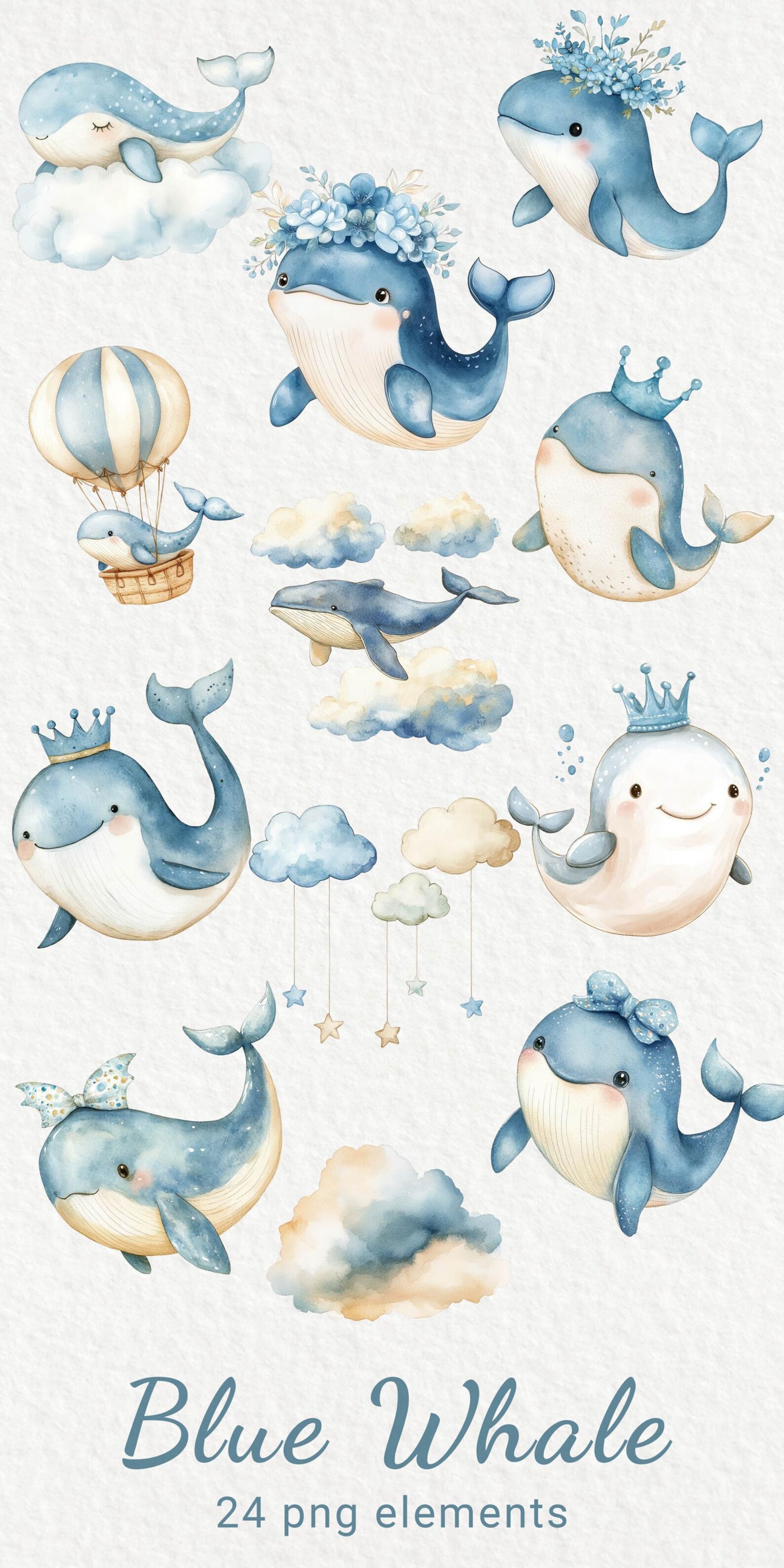Blue Whale Nursery Watercolor Clipart - 24 PNG Cute Marine Decor Clip ...