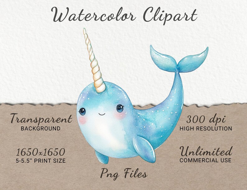 Narwhal Clipart - 24 PNG Watercolor Baby Narwhal Clip Art, Funny Sea ...